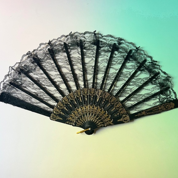 Accessories | Vintage Handheld Black Lace Fan With Gold Accents | Poshmark